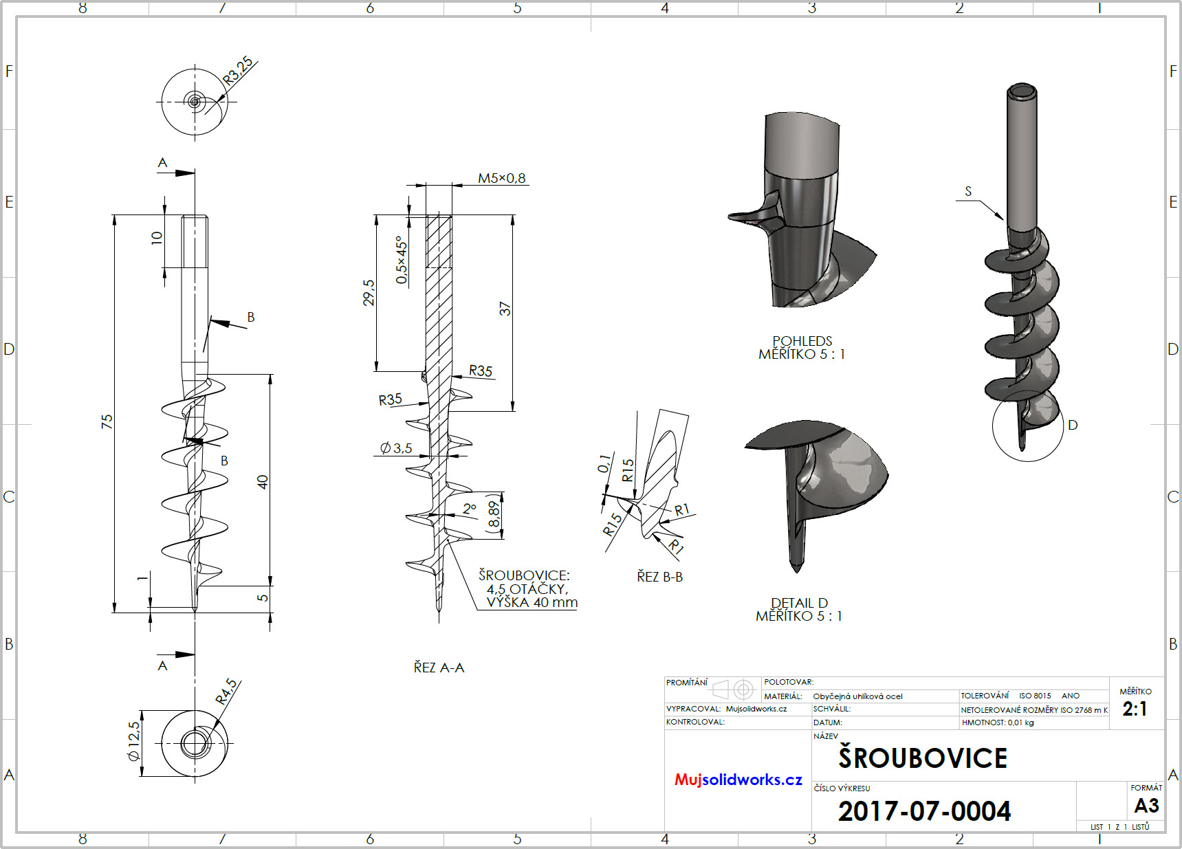 Vývrtka: Výkres modelu šroubovice (zadání) | MůjSolidworks.cz