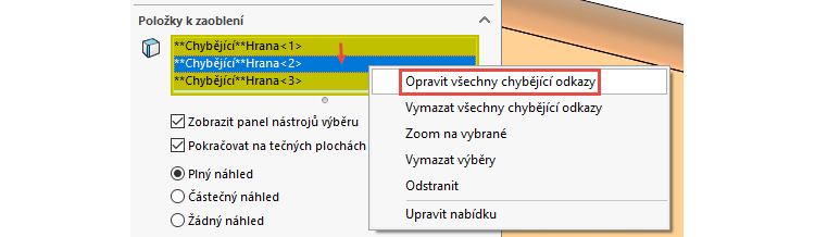 SOLIDWORKS 2020: Oprava chybějících referencí pro zaoblení a zkosení ...