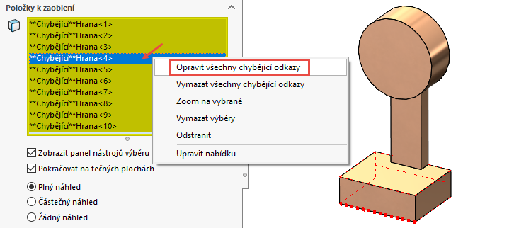 SOLIDWORKS 2020: Oprava chybějících referencí pro zaoblení a zkosení ...