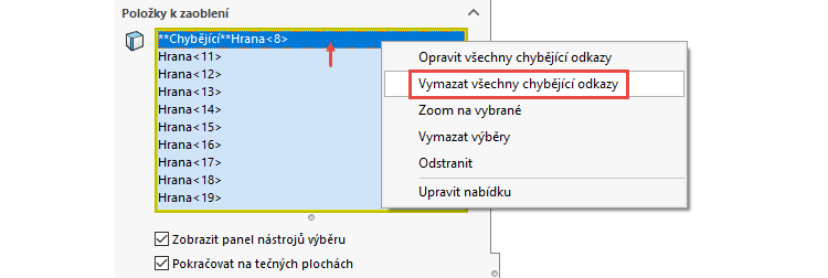 SOLIDWORKS 2020: Oprava chybějících referencí pro zaoblení a zkosení ...